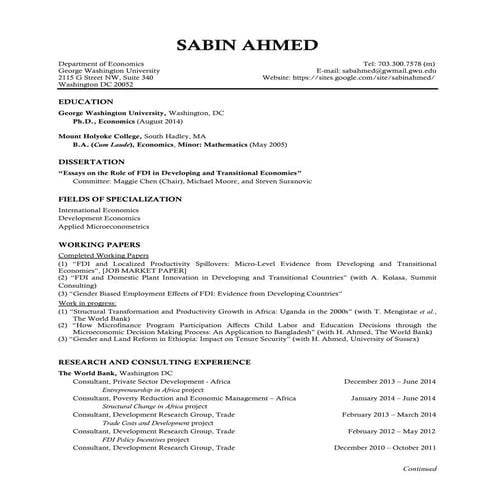 Sabin Ahmed's CV (Abridged) | PDF