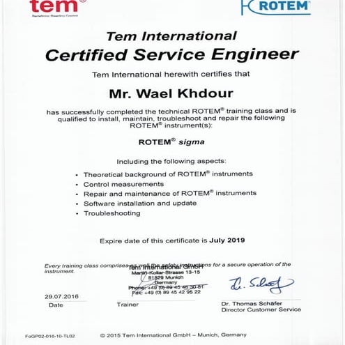 ROTEM Sigma Thromboelastometry Service CERTIFICATE | PDF