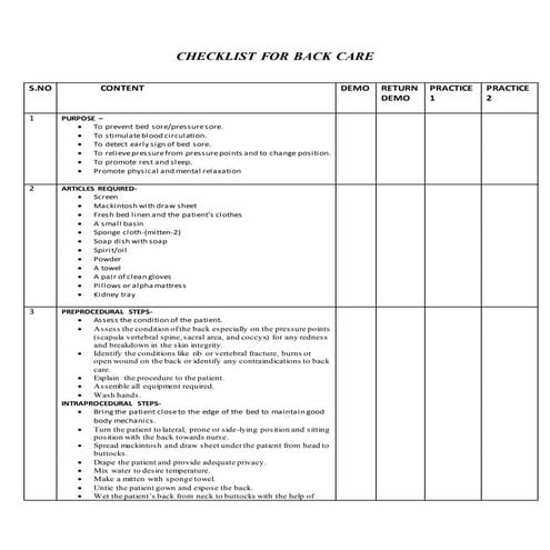 Back care checklist | DOCX
