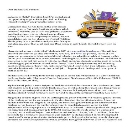 Back to school letter math 7 | DOC