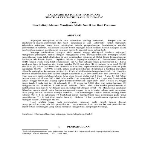 BACKYARD HATCHERY RAJUNGAN; SUATU ALTERNATIF USAHA BUDIDAYA | PDF