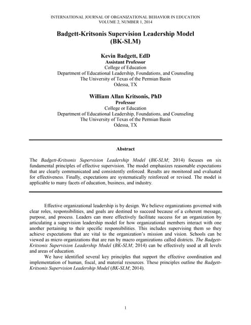 Badgett-Kritsonis Supervision Leadership Model (BK-SLM) | DOCX