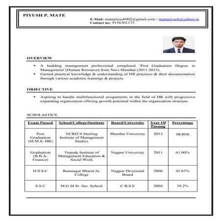 CURRICULUM VITAE- PIYUSH P. MATE | PDF