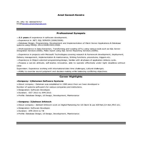 Amol Resume U | DOCX | Databases | Computer Software and Applications