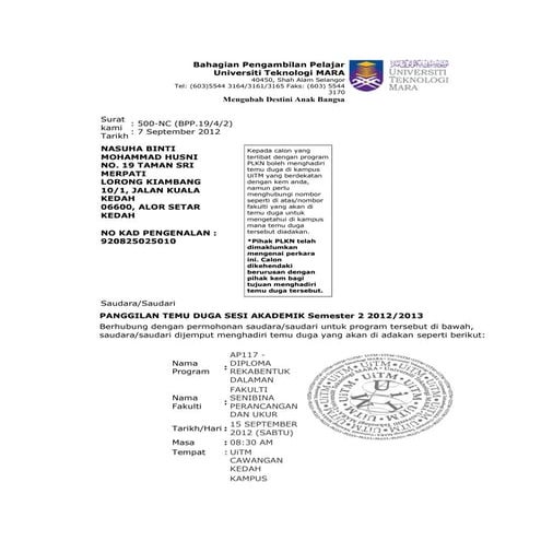 Bahagian pengambilan pelajar uitm | DOCX