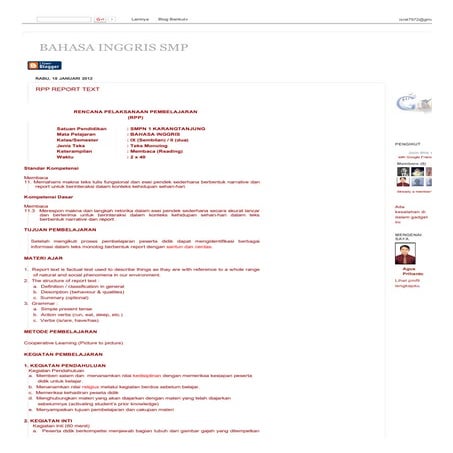 Bahasa inggris smp rpp report text | PDF