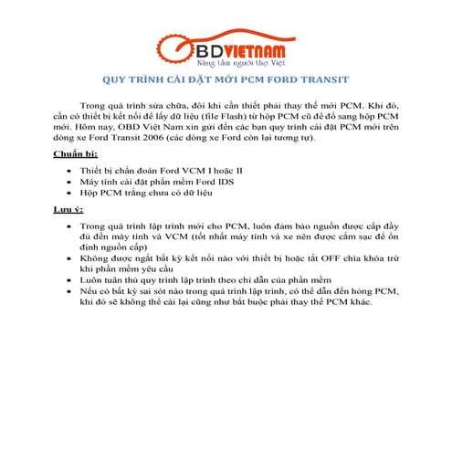 Hướng dẫn cài đặt hộp PCM mới xe Ford Transit | PDF