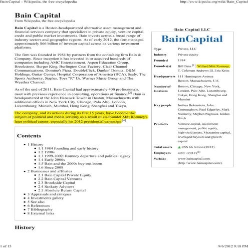 BAIN CAPITAL (Wikipedia) | PDF | Private Equity | Business Banking & Finance