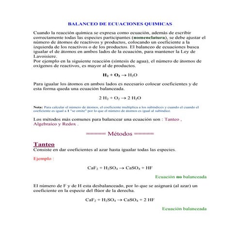 Balanceo de ecuaciones quimicas | DOCX