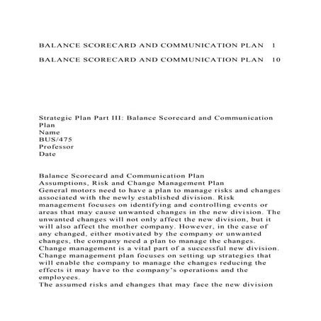 BALANCE SCORECARD AND COMMUNICATION PLAN 1BALANCE SCORECARD A.docx