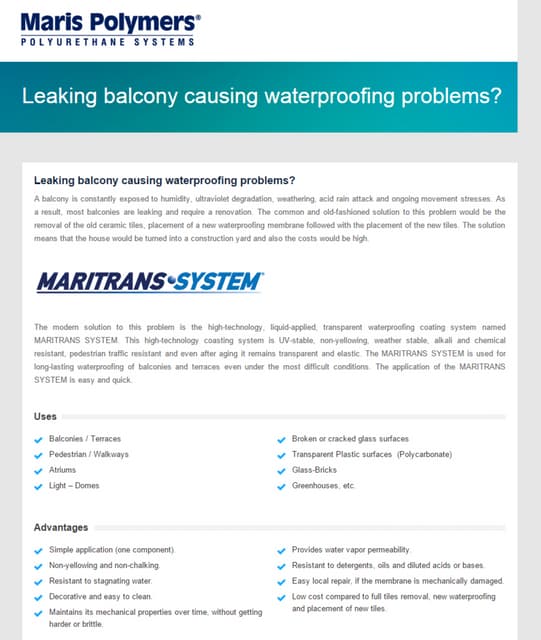 Balcony Waterproofing - Maris Polymers | PDF