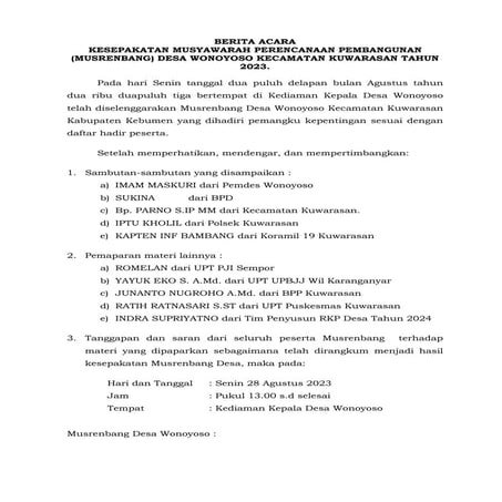 MUSRENBANGDES PENYUSUNAN RKP DESA TAHUN TAHUN 2024 | PDF