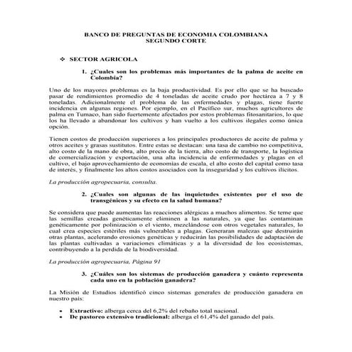 BANCO DE PREGUNTAS ECONOMIA COLOMBIANA SEGUNDO CORTE | PDF