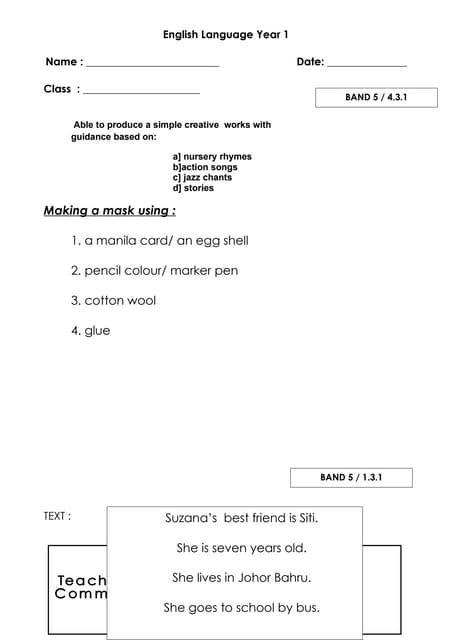 English lesson plan Year 1 - iwear