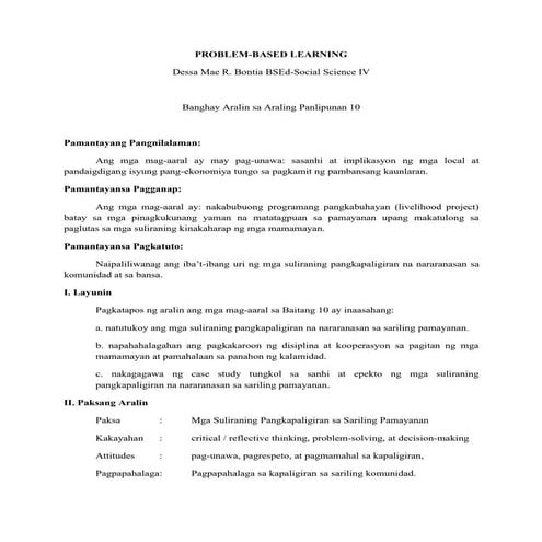 Banghay aralin sa araling panlipunan 10 (problem based) | PDF