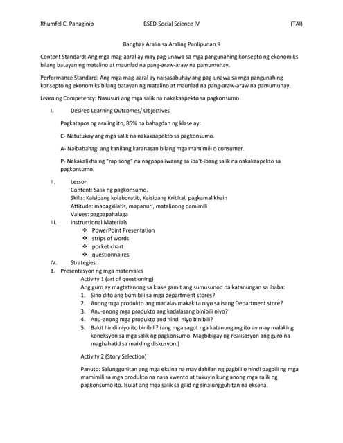 Detailed Lesson Plan - DLP - Araling Panlipunan 9 - Pag-iimpok at Pamumuhunan.docx