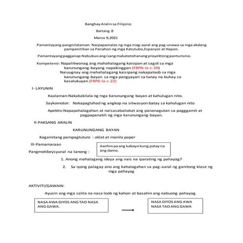 Quarter 1 LESSON PLAN Aralin 1 FILIPINO 9.doc
