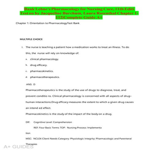 BankciLehne's Pharmacology for Nursing Care, 11th Editi Test on by ...
