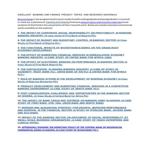 EXCELLENT BANKING AND FINANCE PROJECT TOPICS AND RESEARCH MATERIALS | PDF
