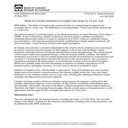 Bank of Canada maintains overnight rate target at 1/2 per cent | PDF