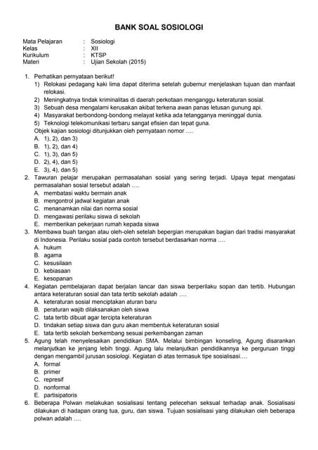 Soal Try Out UN Sosiologi dan Kunci Jawaban (2015) | PDF