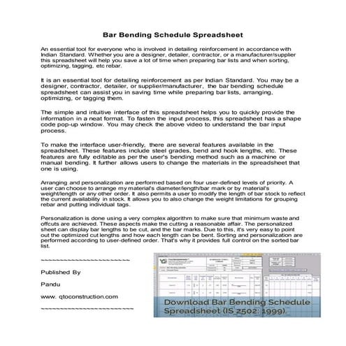 Bar Bending Schedule Spreadsheet | DOCX