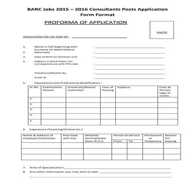 Barc jobs 2015 – 2016 consultants posts application form format | PDF