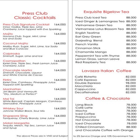 Drink Menu - The Press Club Hanoi | PDF