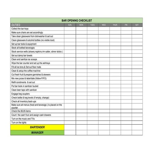 Opening Checklist Template Restaurant Manager Opening Checklist