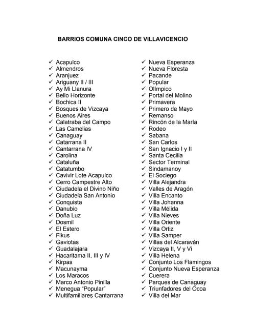 Barrios que conforman la comuna 5 de villavicencio