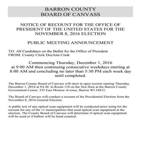 Barron County Vote Recount Information | PDF