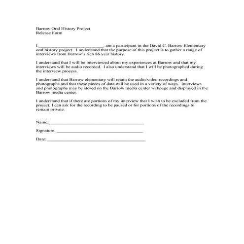 Barrow oral history project release form | DOC