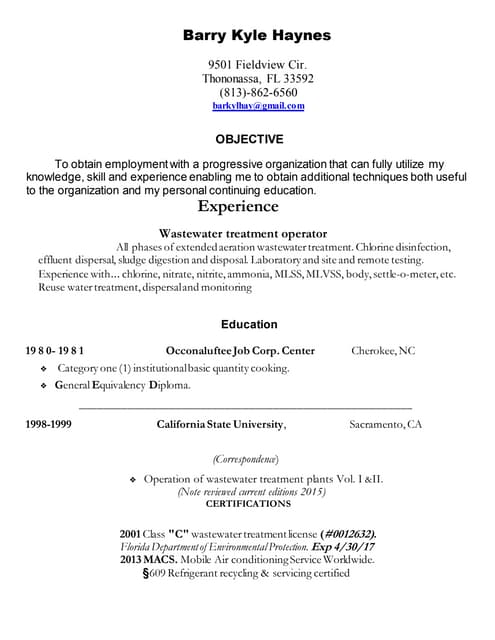 Barry Haynes_wastewater operator resume | PDF