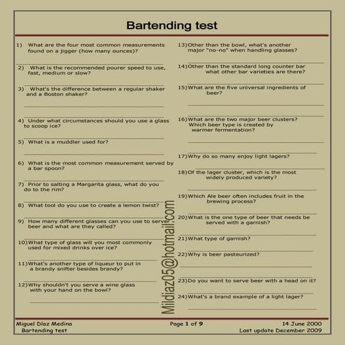 Bartending testing | PDF | Alcoholic Beverages | Food & Drink