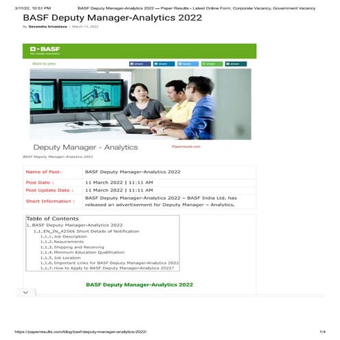 BASF Deputy Manager-Analytics 2022 | PDF