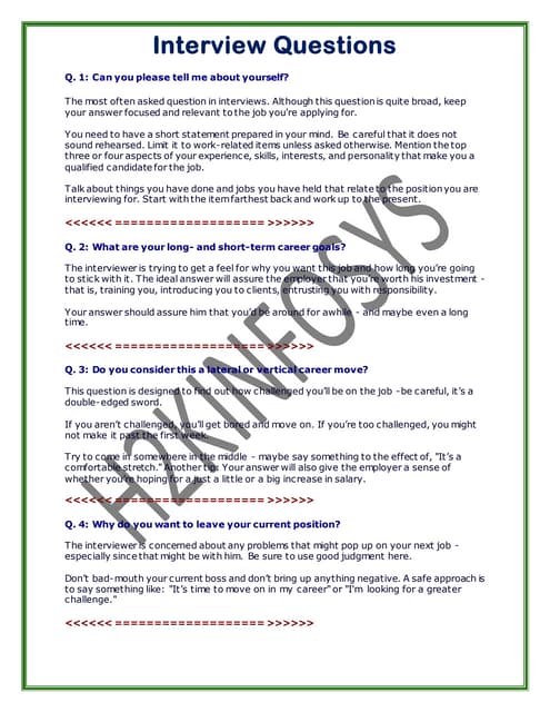 Job interview questions worksheet