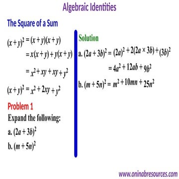 Basic Algebraic Identities with Examples | PPTX