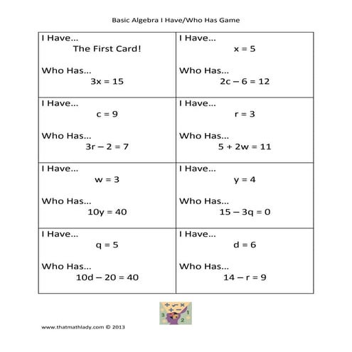 Basic Algebra I Have/Who Has Game | PDF