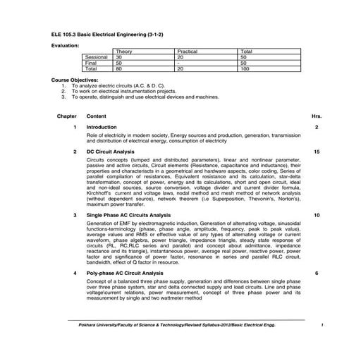 Basic electrical engineering syllabus(pokhara university) | PDF