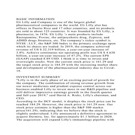 BASIC INFORMATIONEli Lilly and Company is one of the largest glo.docx