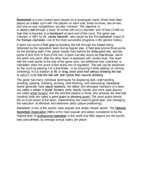 History Of Basketball | PPT | Participant Sports | Fitness and Exercise