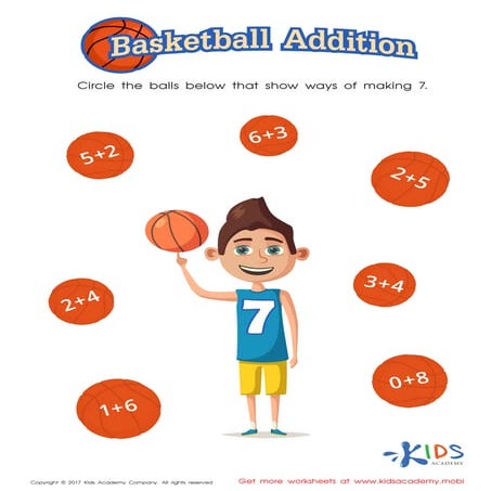 Basketball addition - Kindergarten Math Worksheets | PDF