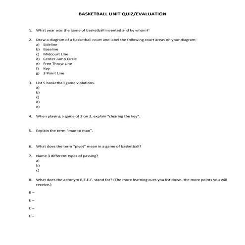 Basketball unit quiz | PDF