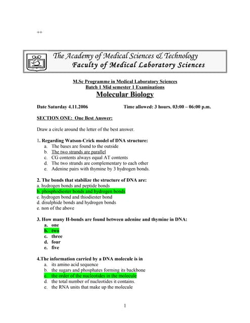 Molecular biology MCQ | PDF