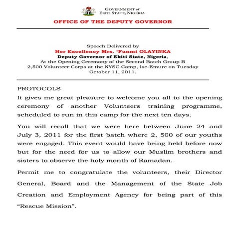 Opening Ceremony of the Second Batch Group B Volunteer Corps of NYSC | PDF