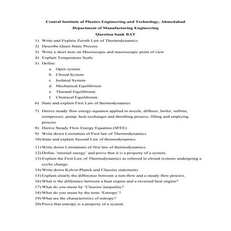 BASIC AND APPLIED THERMODYNAMICS question bank | PDF