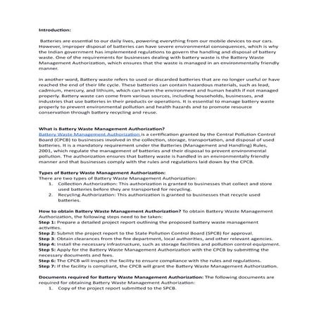 What is Battery Waste Management Authorization? | PDF