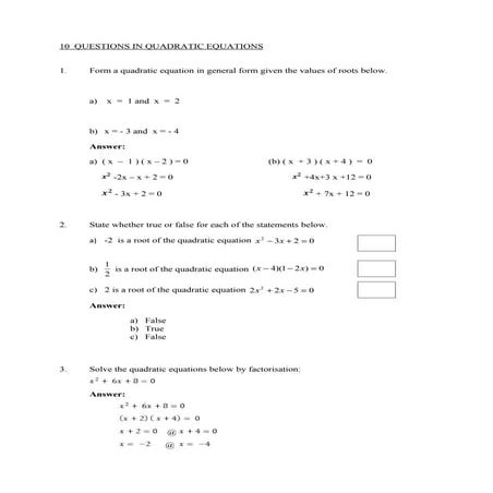 Practice Quadratic Equations | PDF