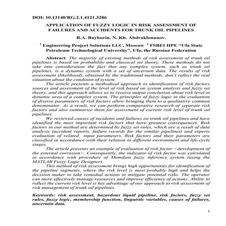 APPLICATION OF FUZZY LOGIC IN RISK ASSESSMENT OF FAILURES AND ACCIDENTS FOR TRUNK OIL PIPELINES ...