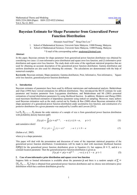 Bayesian Estimate For Shape Parameter From Generalized Power Function